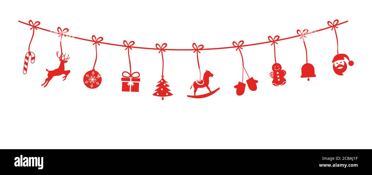 Illustration of red Christmas objects handing on a rope Stock Photo - Alamy