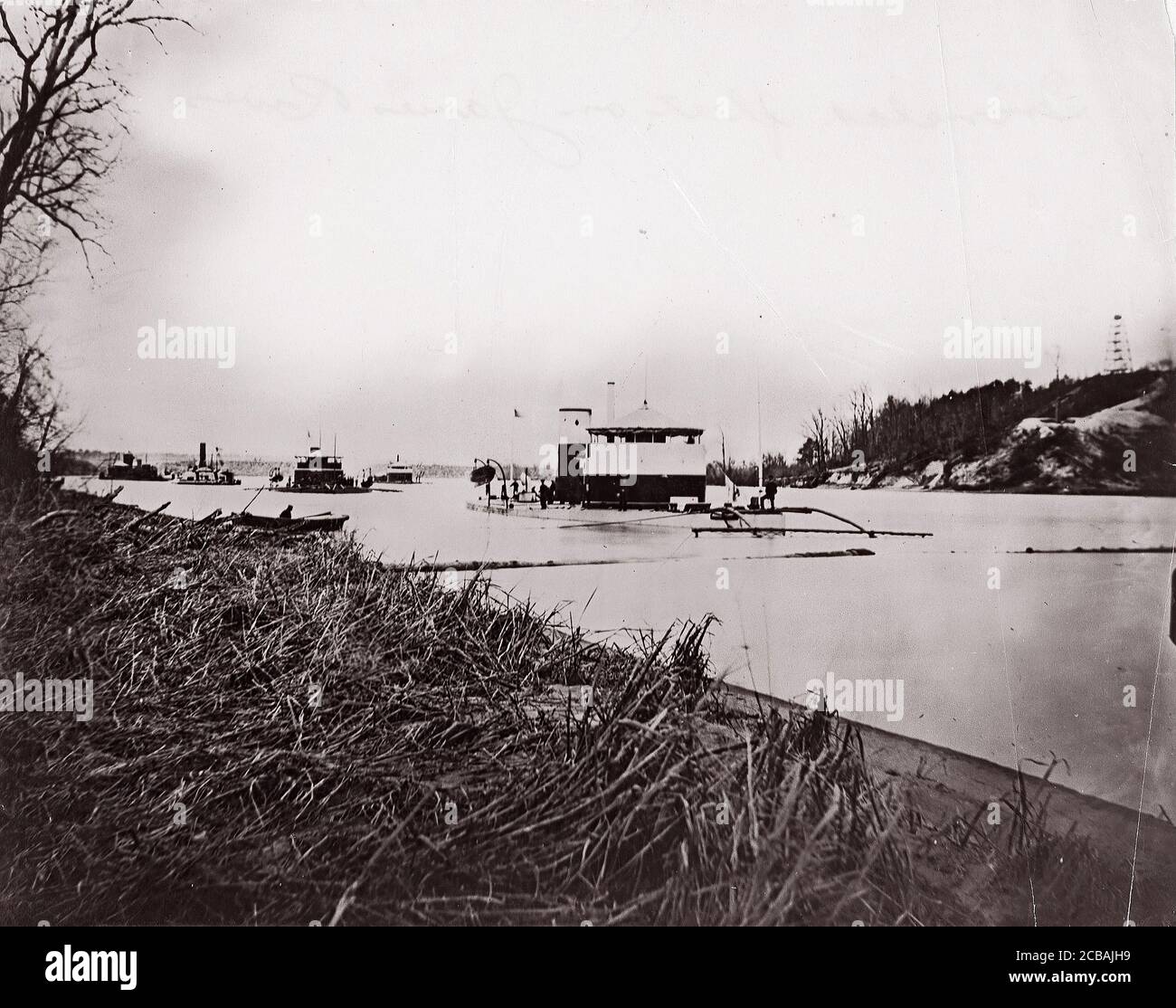 Ironclad fleet on James River below Rebel "Howlett House Battery", 1865 ...