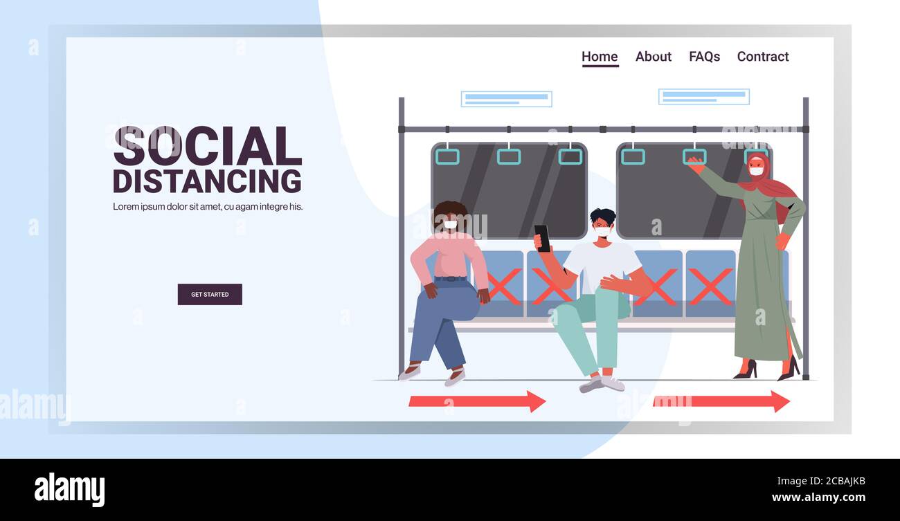 mix race subway passengers in protective masks keeping distance to ...