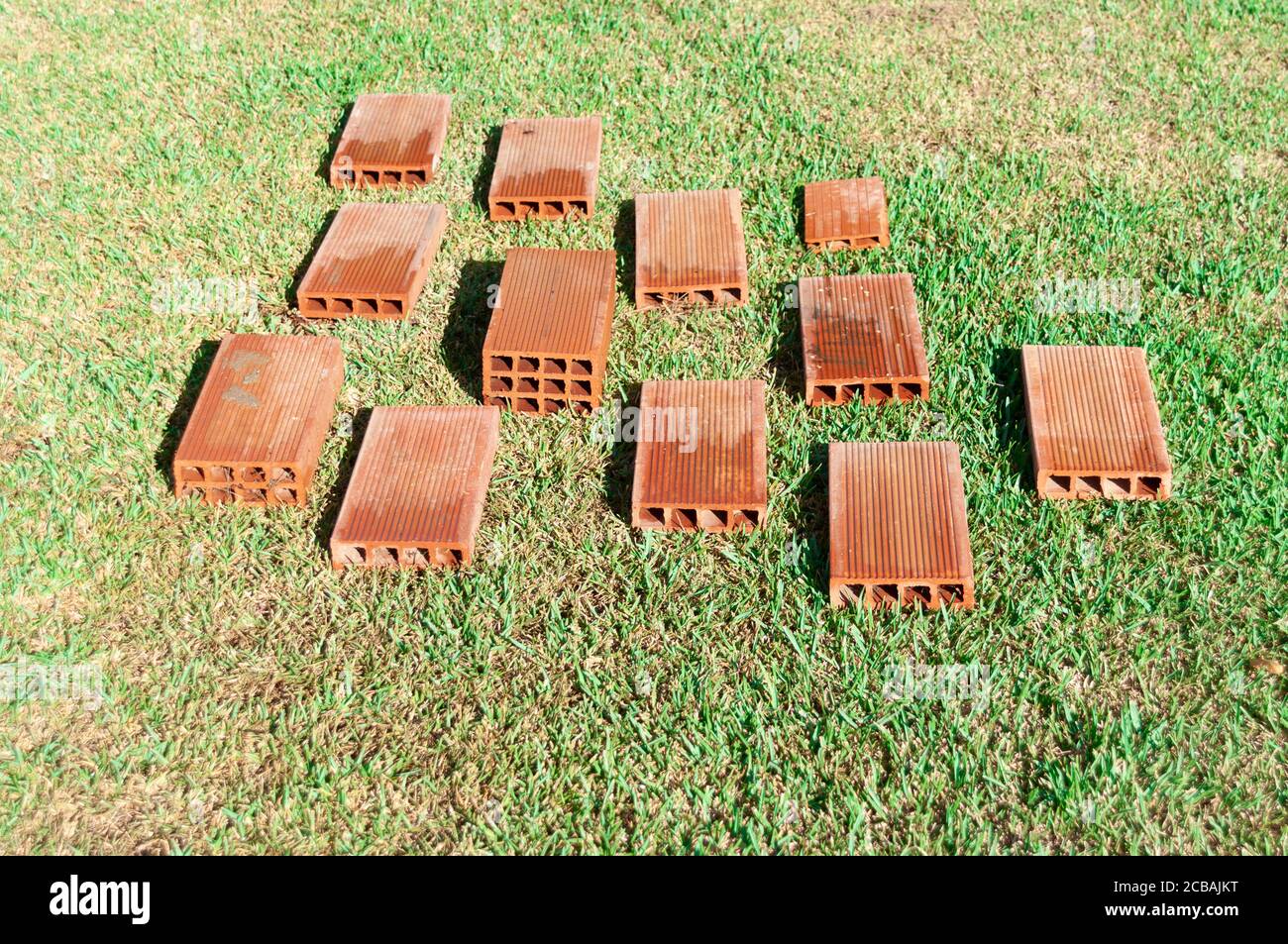 Bricks aligned over the grass Stock Photo - Alamy