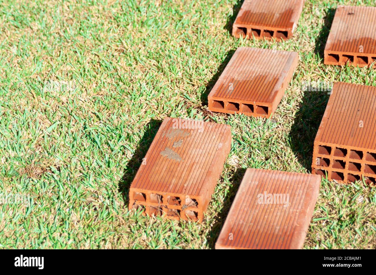 Bricks aligned over the grass Stock Photo - Alamy