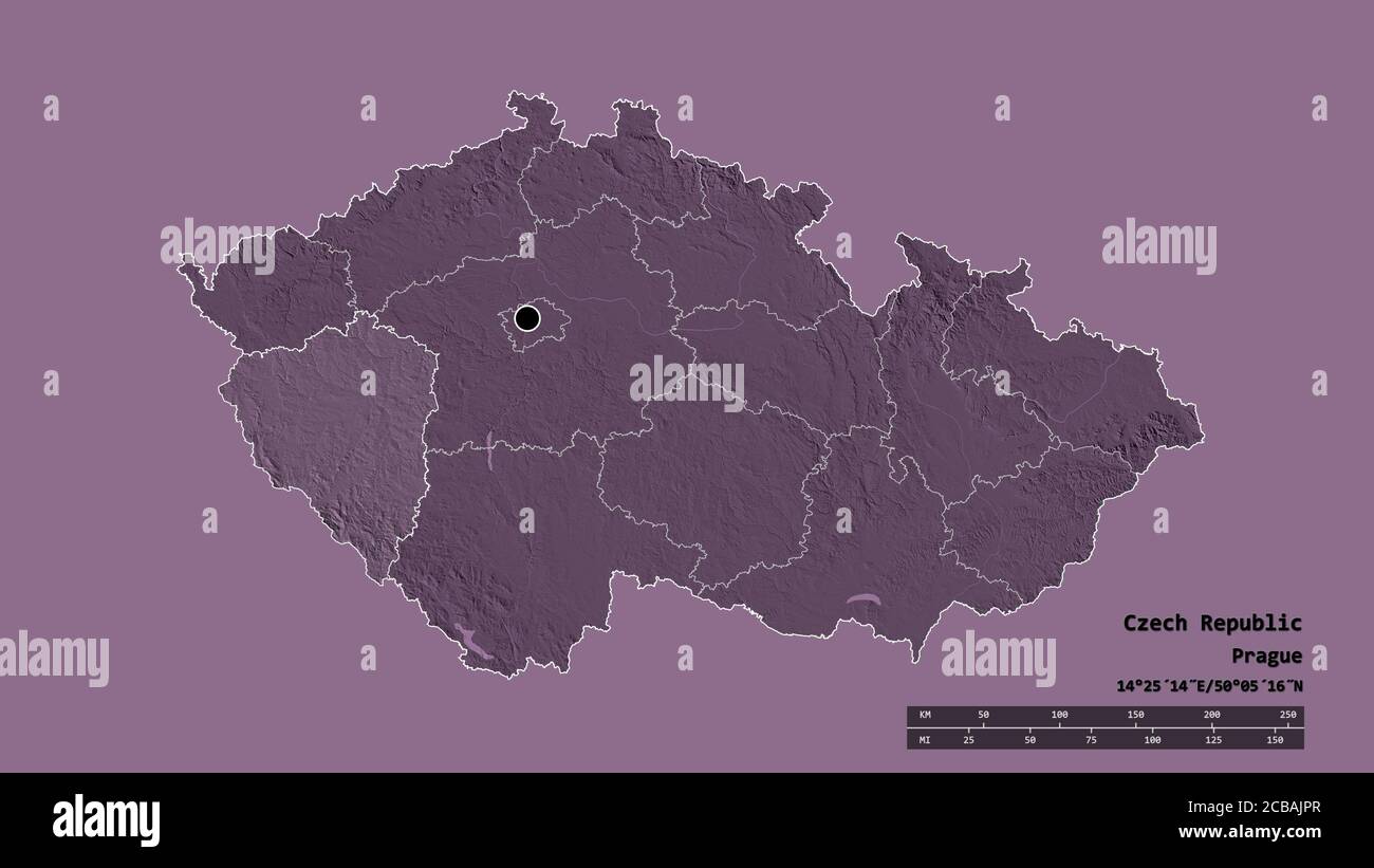 Desaturated shape of Czech Republic with its capital, main regional ...