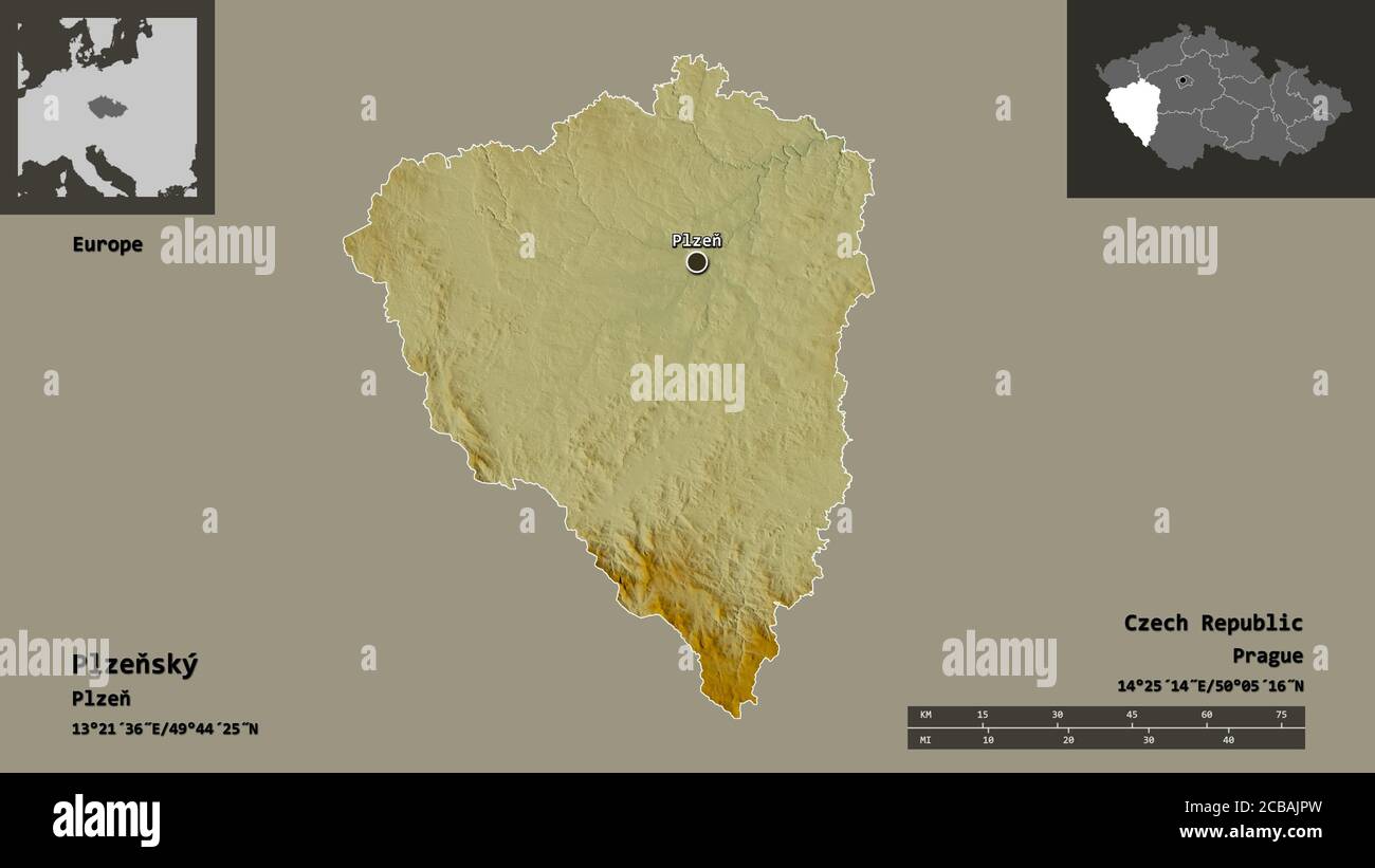 Shape of Plzeňský, region of Czech Republic, and its capital. Distance ...