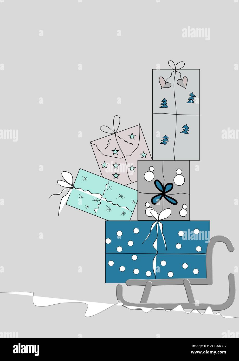 Christmas card with pastel colored parcels on a sleigh, light grey ...