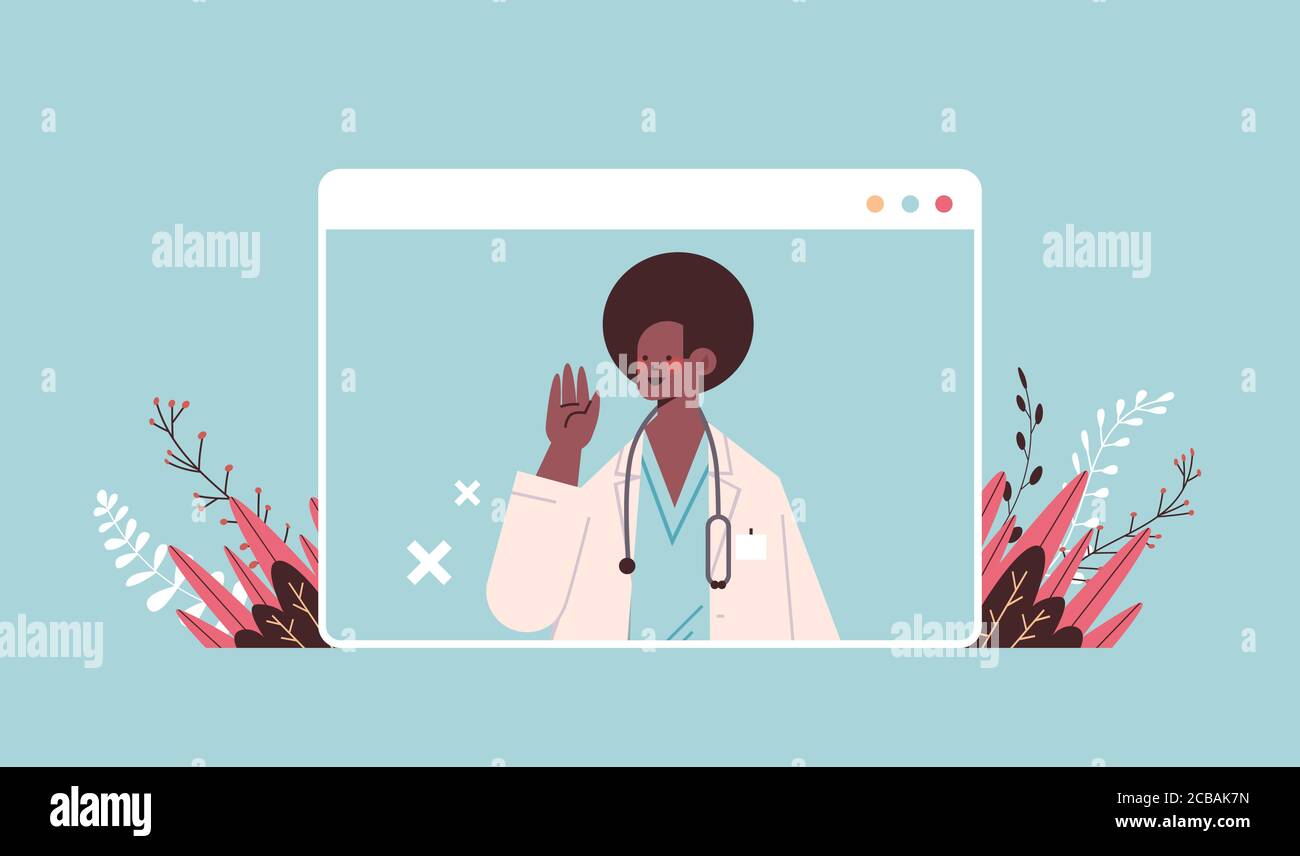 male doctor in web browser window consulting patient online ...