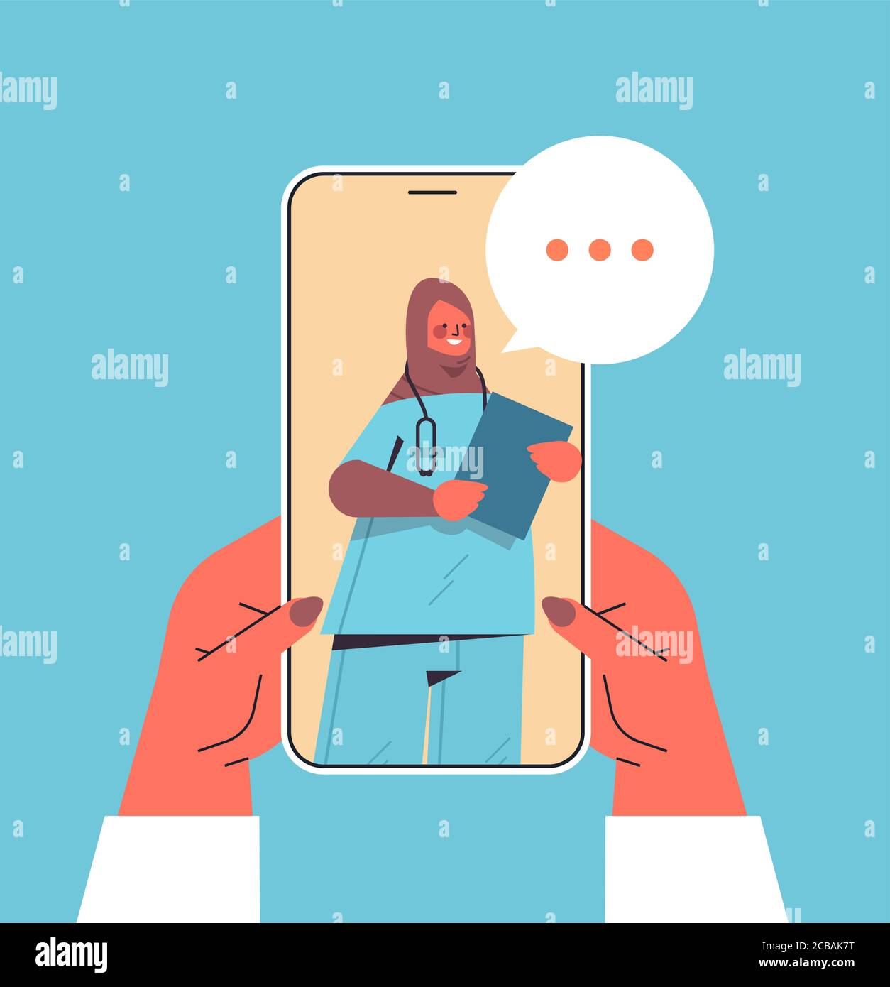 patient discussing with arab female doctor in smartphone screen chat ...