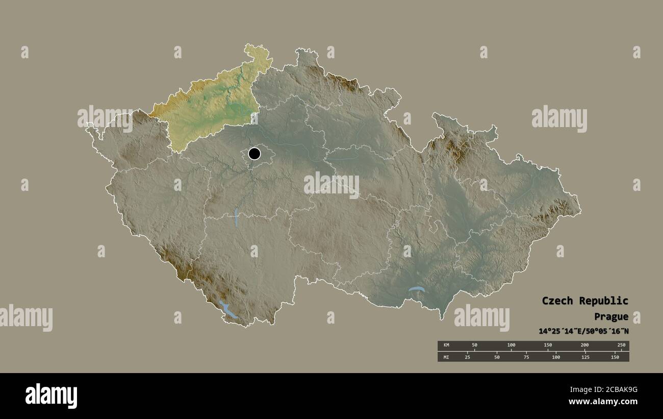 Desaturated shape of Czech Republic with its capital, main regional ...