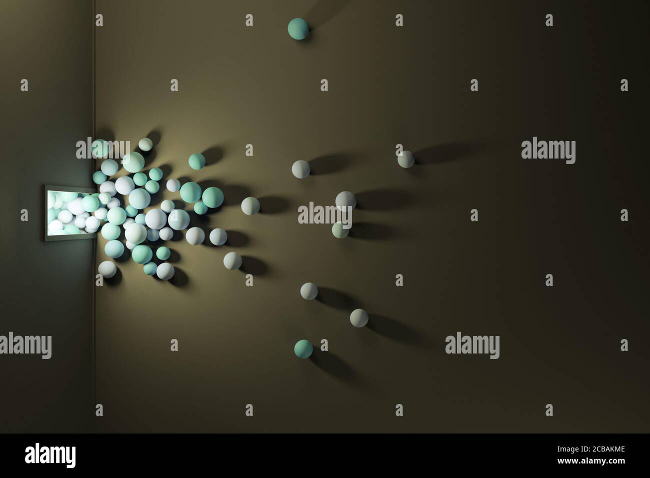 Infinite spheres coming out from an open door, original 3d rendering ...