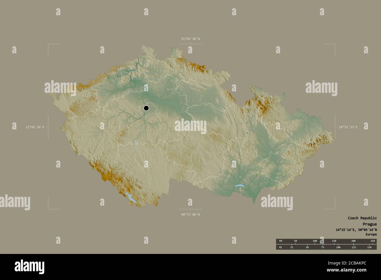 Area of Czech Republic isolated on a solid background in a ...