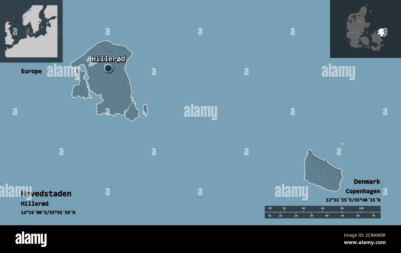 Shape of Hovedstaden, region of Denmark, and its capital. Distance ...