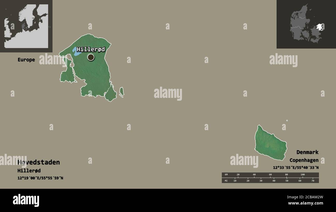 Shape of Hovedstaden, region of Denmark, and its capital. Distance ...