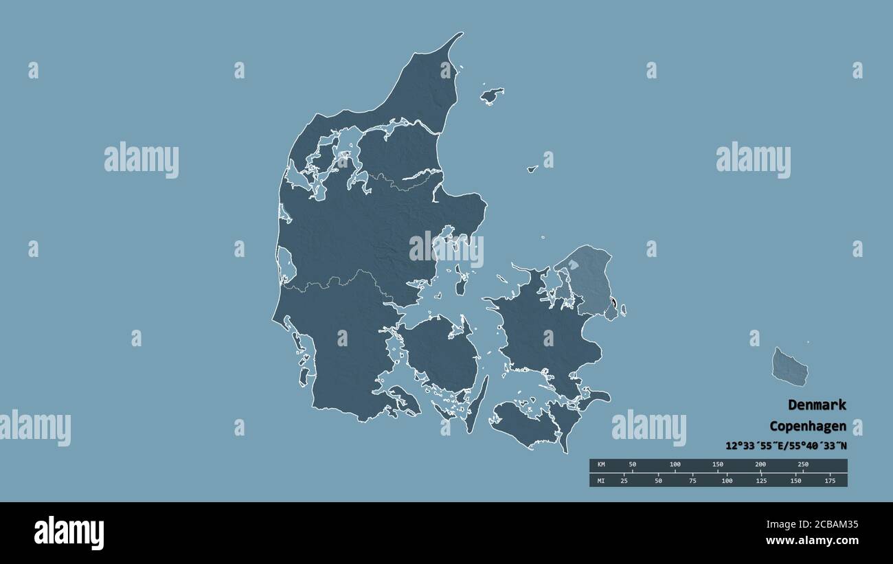 Desaturated shape of Denmark with its capital, main regional division ...