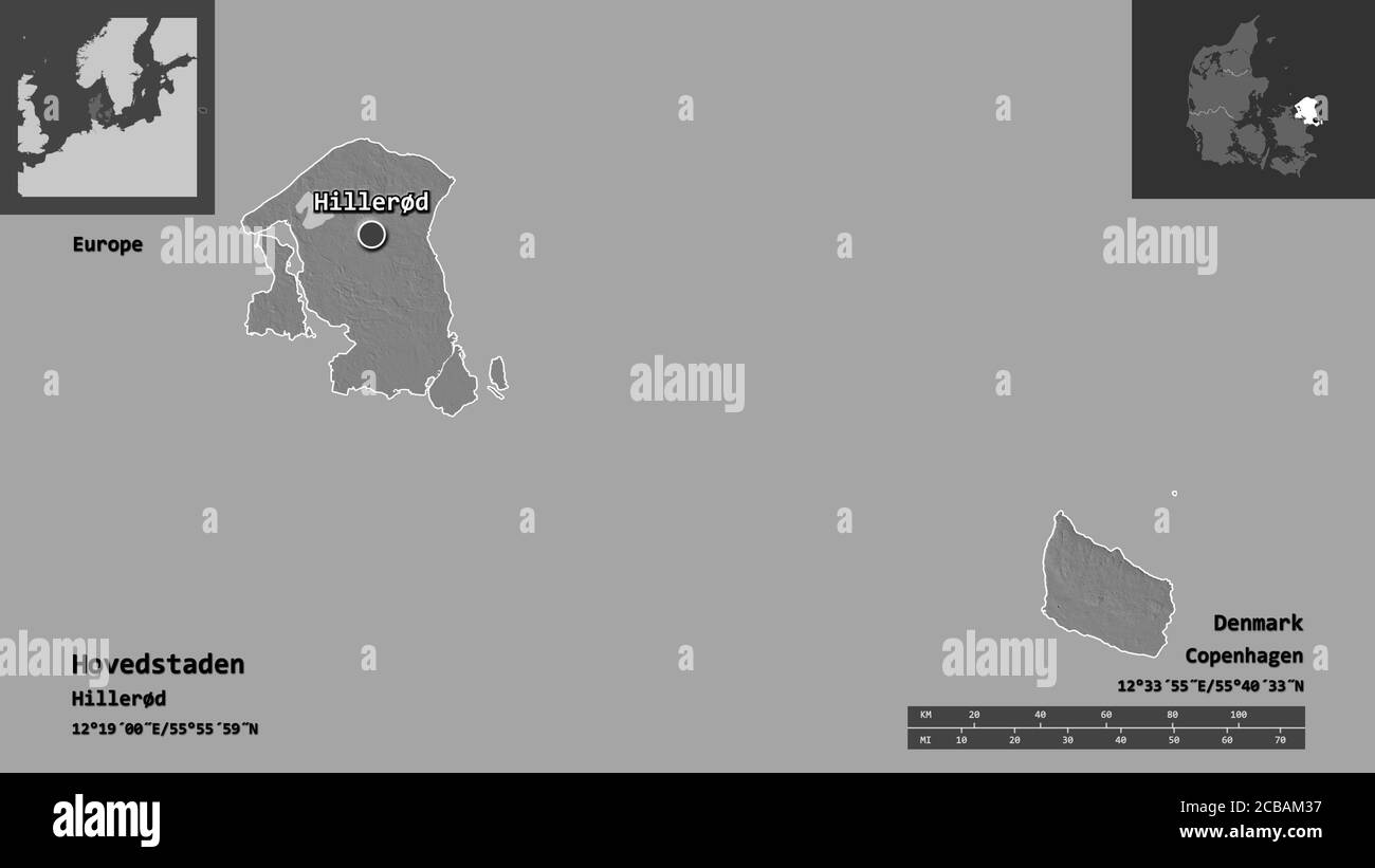 Shape of Hovedstaden, region of Denmark, and its capital. Distance ...