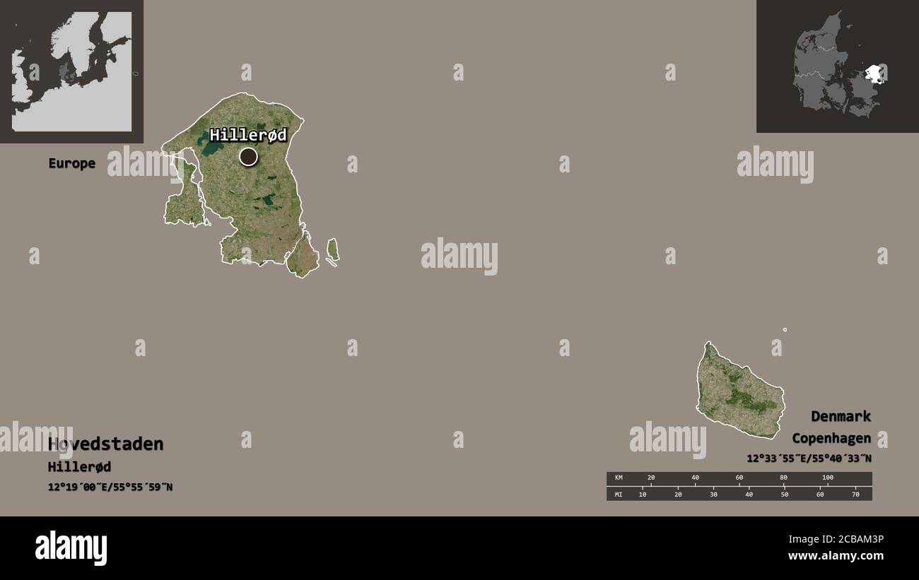 Shape of Hovedstaden, region of Denmark, and its capital. Distance ...