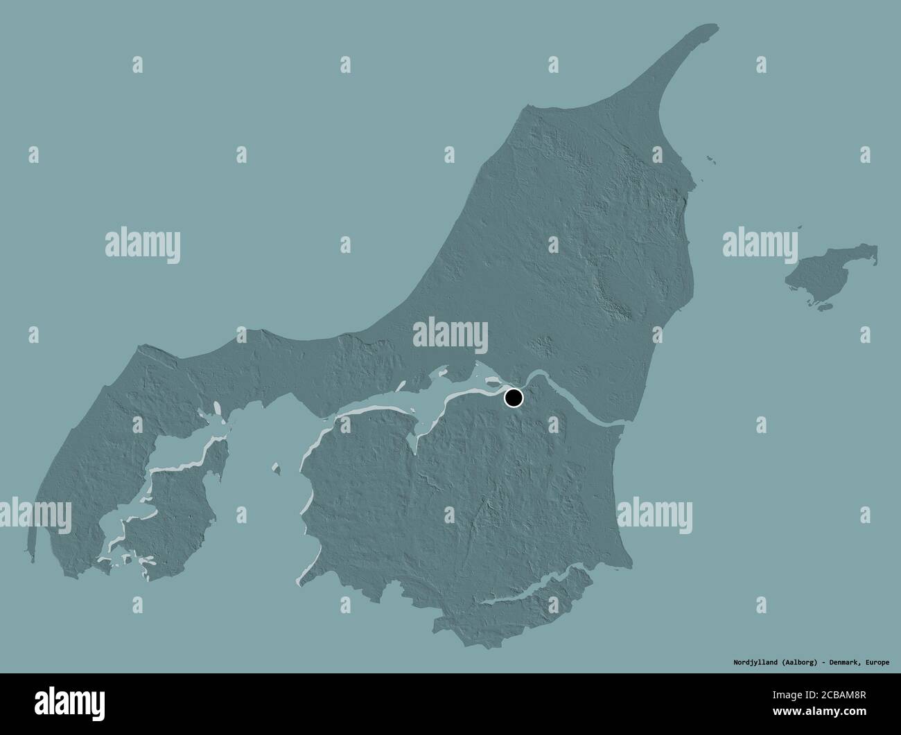 Shape of Nordjylland, region of Denmark, with its capital isolated on a solid color background ...