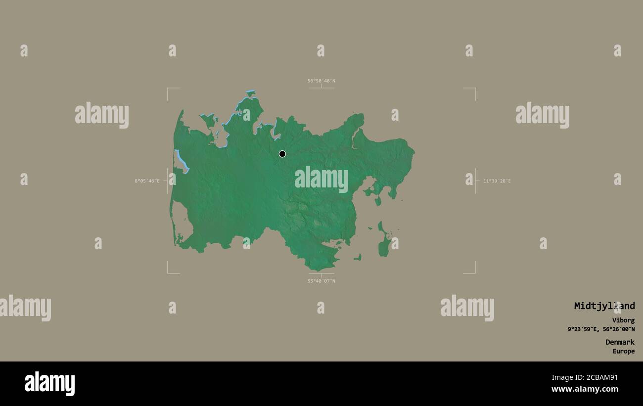 Area of Midtjylland, region of Denmark, isolated on a solid background ...
