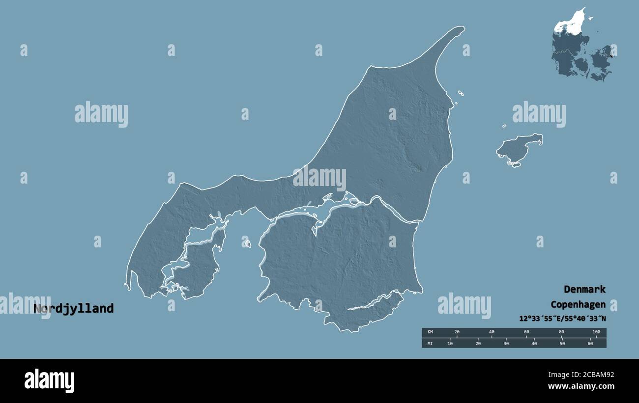 Shape of Nordjylland, region of Denmark, with its capital isolated on ...
