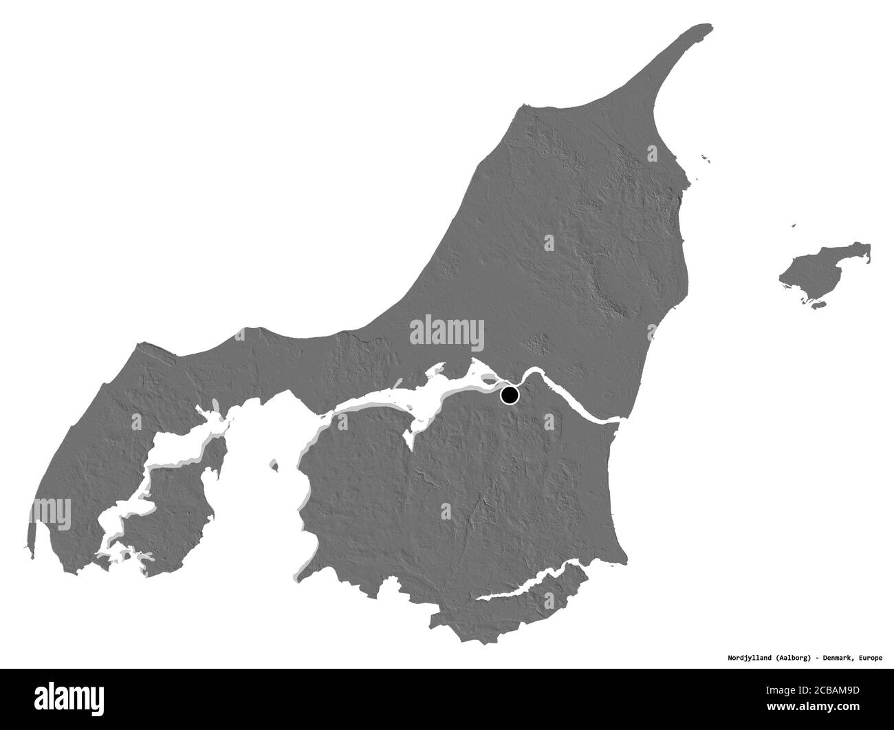 Shape of Nordjylland, region of Denmark, with its capital isolated on white background. Bilevel ...