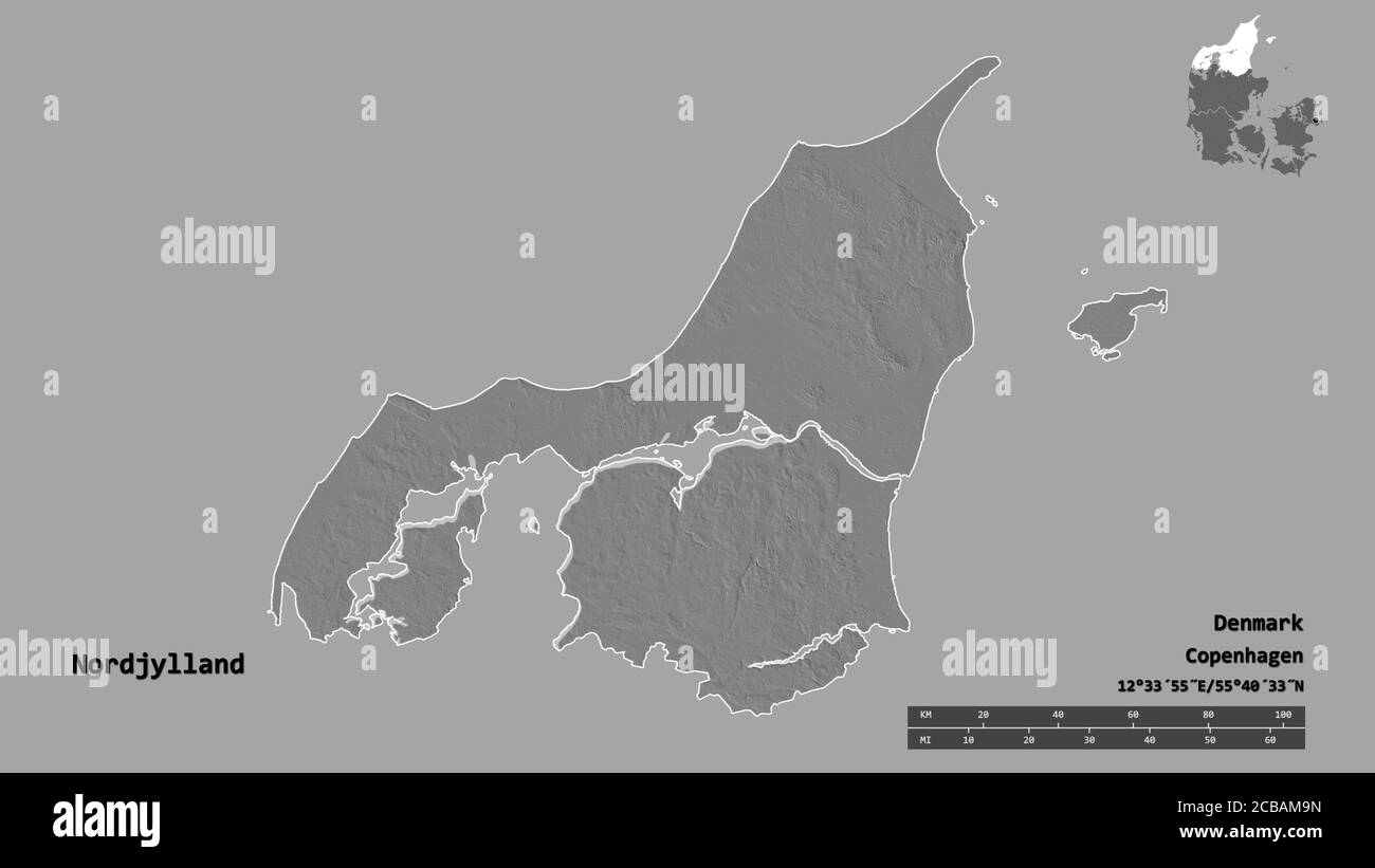 Shape of Nordjylland, region of Denmark, with its capital isolated on ...