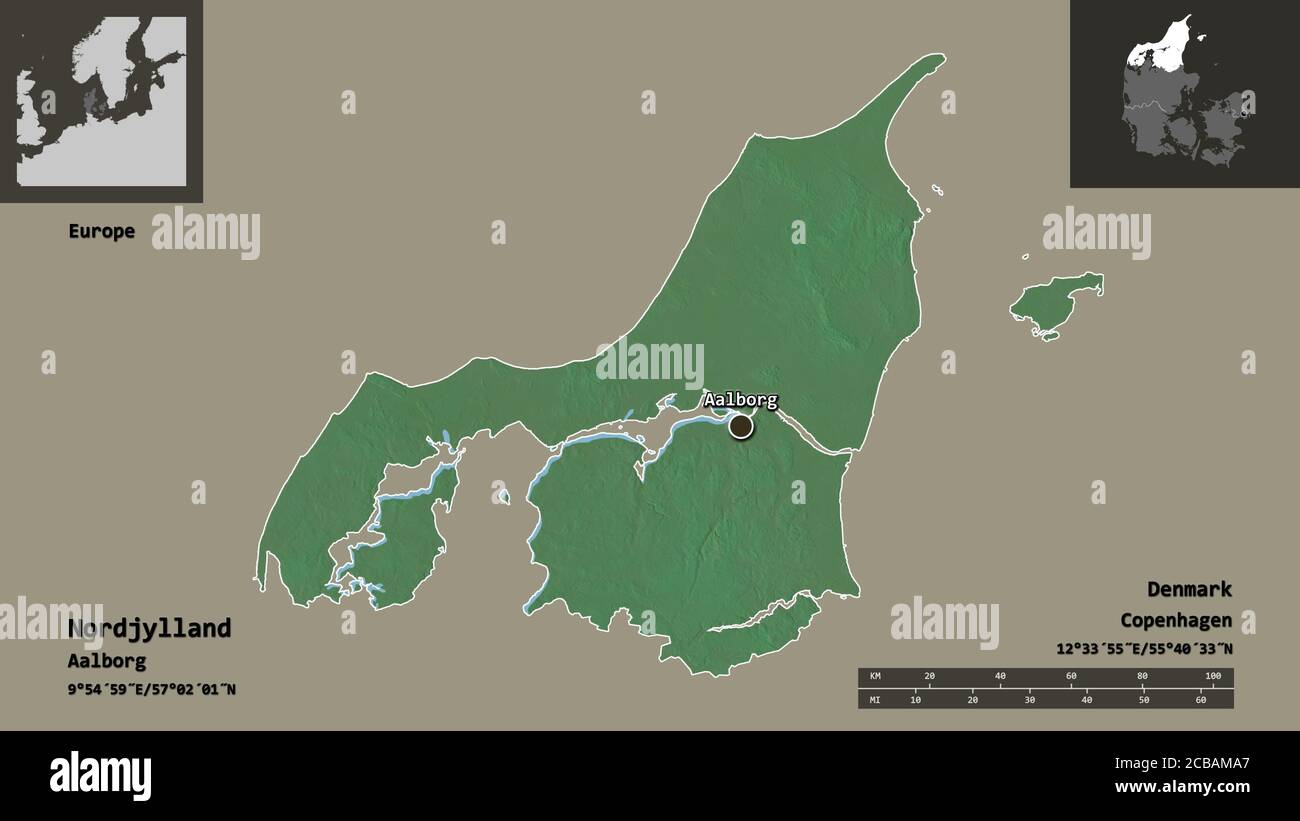 Shape of Nordjylland, region of Denmark, and its capital. Distance scale, previews and labels ...