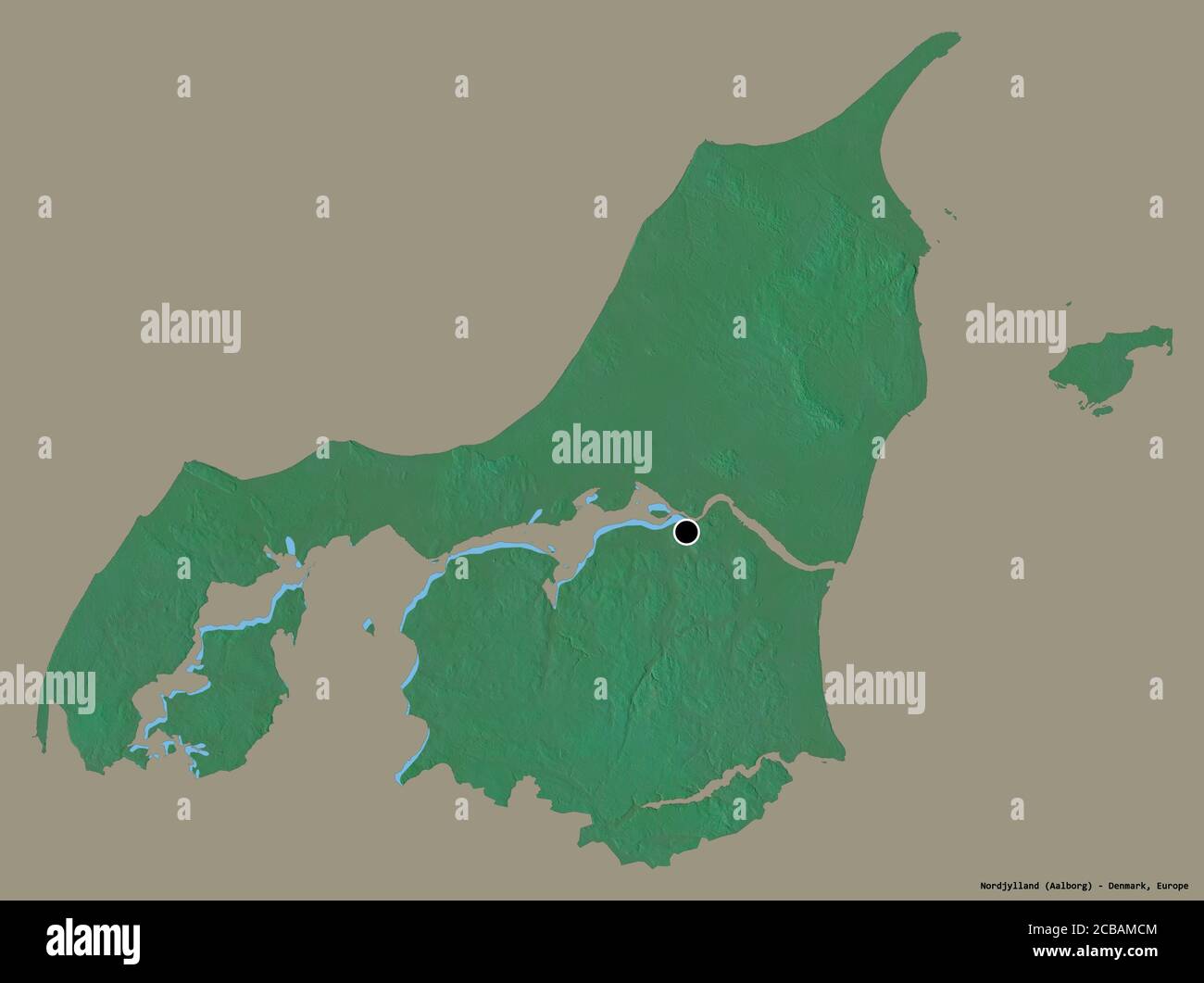 Shape of Nordjylland, region of Denmark, with its capital isolated on a ...
