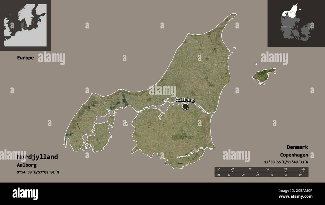 Shape of Nordjylland, region of Denmark, and its capital. Distance scale, previews and labels ...