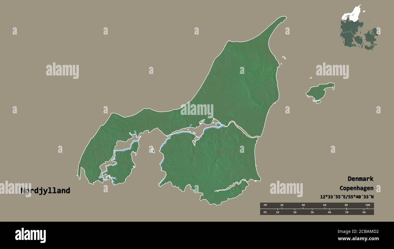 Shape of Nordjylland, region of Denmark, with its capital isolated on solid background. Distance ...