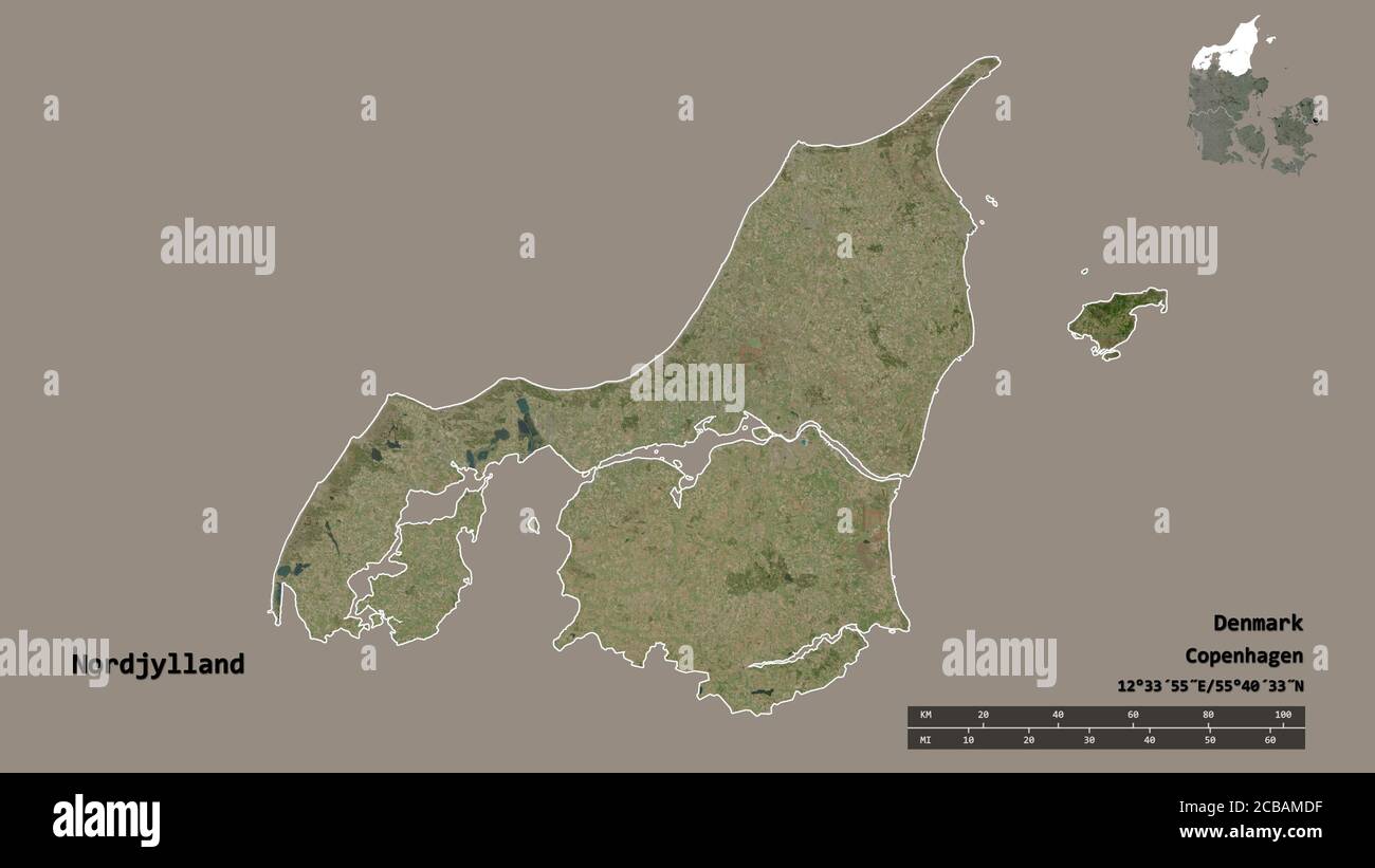 Shape of Nordjylland, region of Denmark, with its capital isolated on solid background. Distance ...