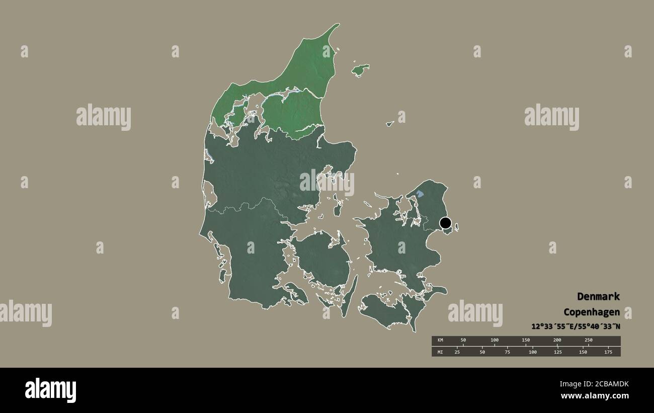 Desaturated shape of Denmark with its capital, main regional division ...