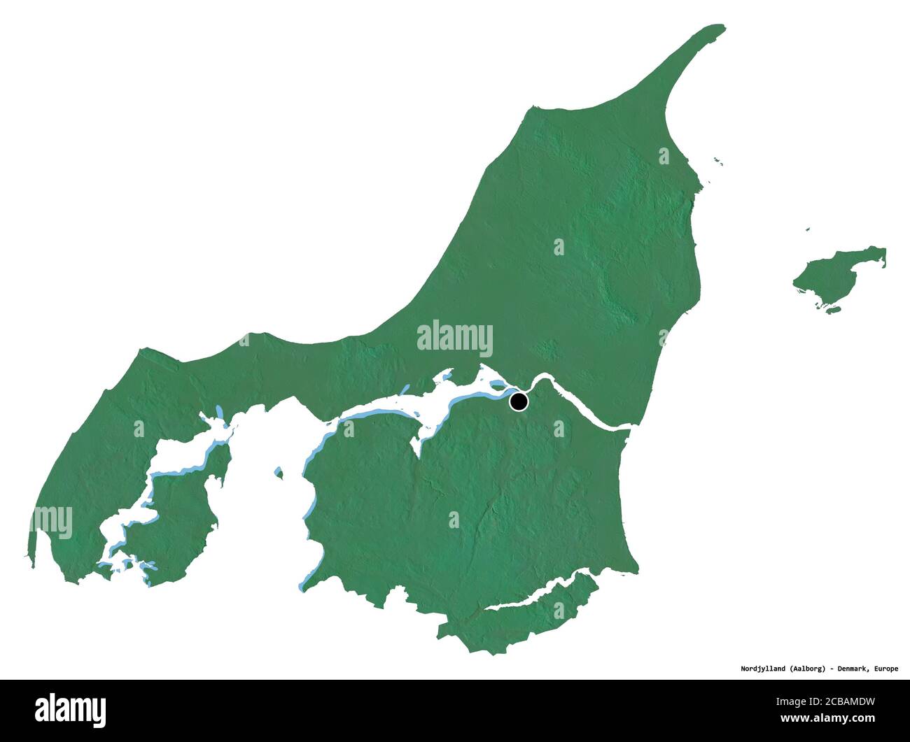 Shape of Nordjylland, region of Denmark, with its capital isolated on white background ...