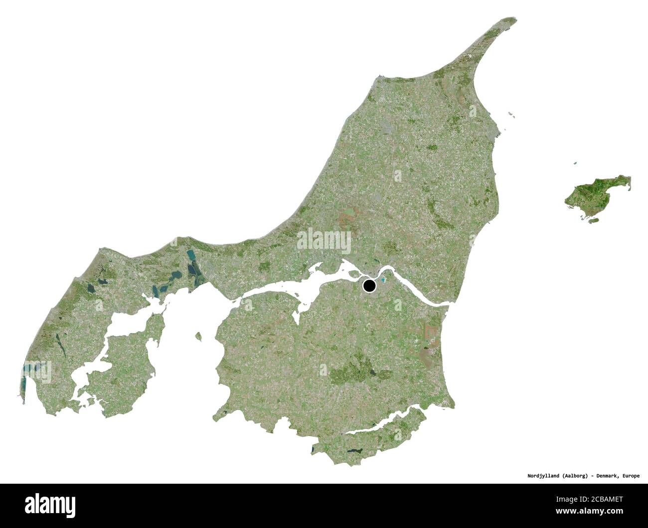 Shape of Nordjylland, region of Denmark, with its capital isolated on white background ...