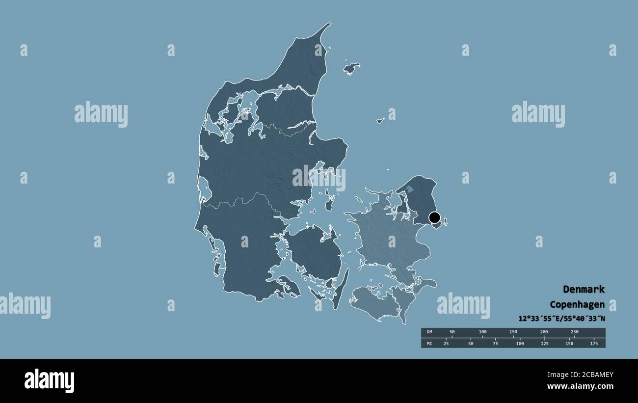 Desaturated shape of Denmark with its capital, main regional division ...