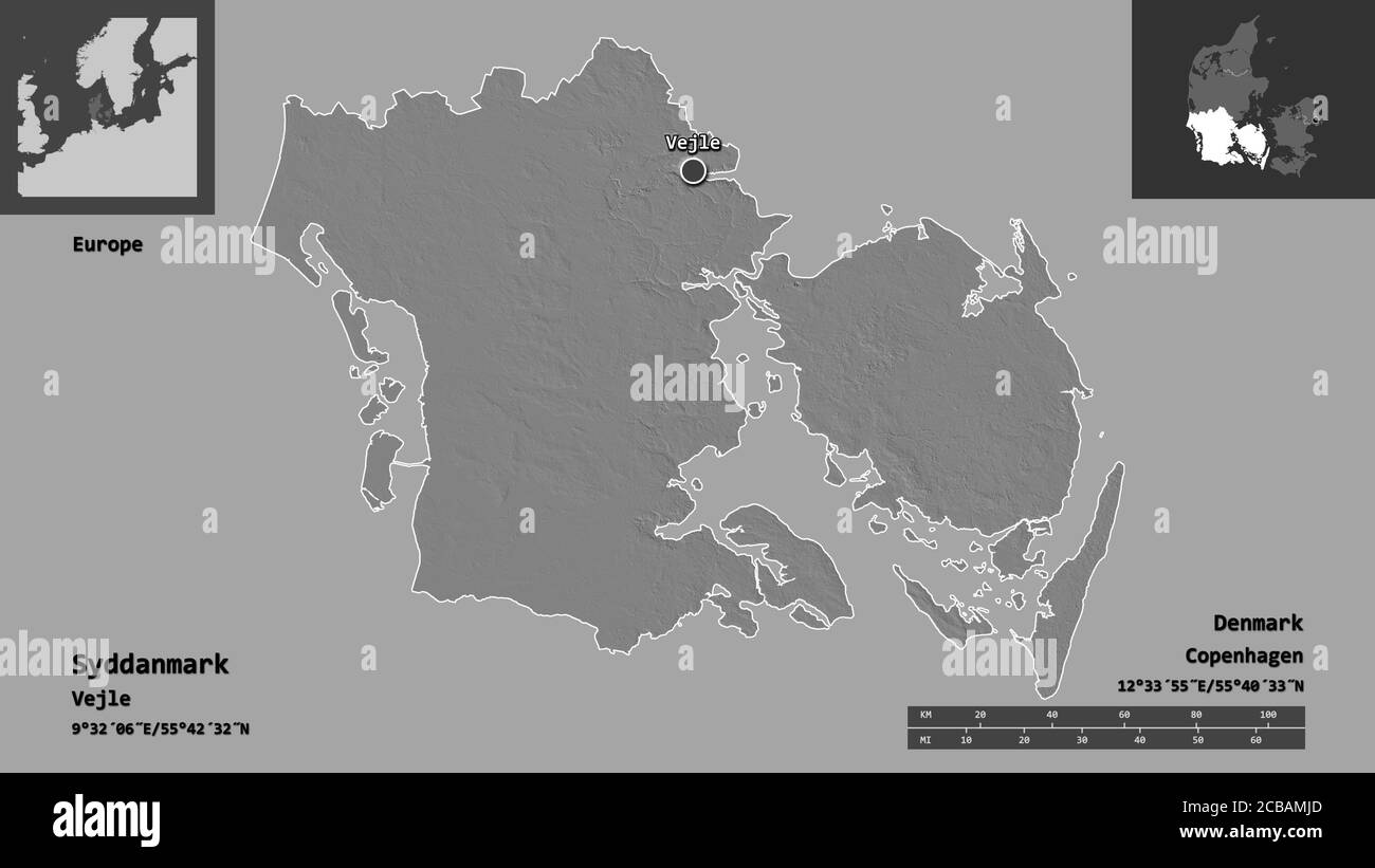 Shape of Syddanmark, region of Denmark, and its capital. Distance scale, previews and labels ...