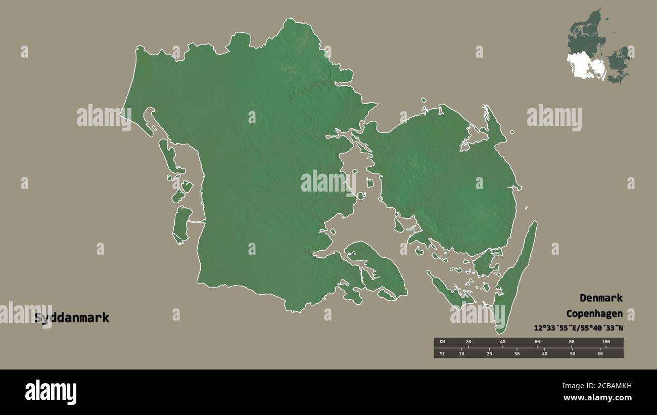 Shape of Syddanmark, region of Denmark, with its capital isolated on ...