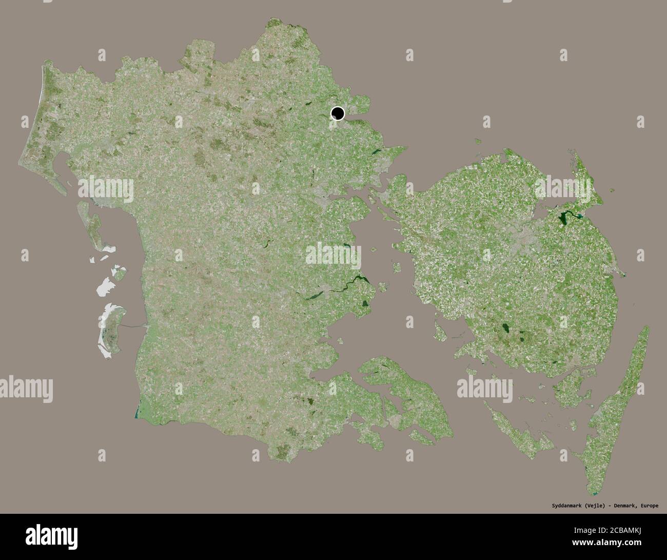 Shape of Syddanmark, region of Denmark, with its capital isolated on a solid color background ...