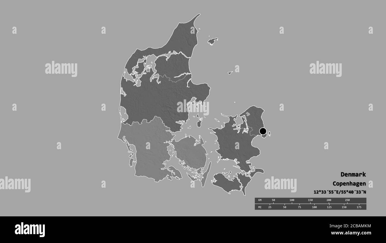 Desaturated shape of Denmark with its capital, main regional division ...