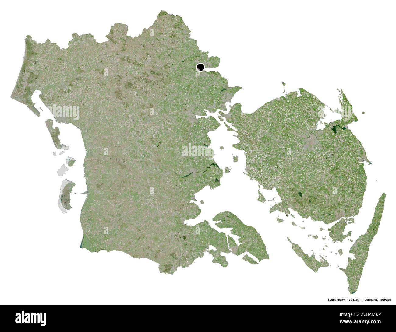 Shape of Syddanmark, region of Denmark, with its capital isolated on ...