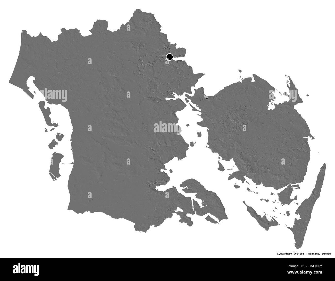 Shape of Syddanmark, region of Denmark, with its capital isolated on ...