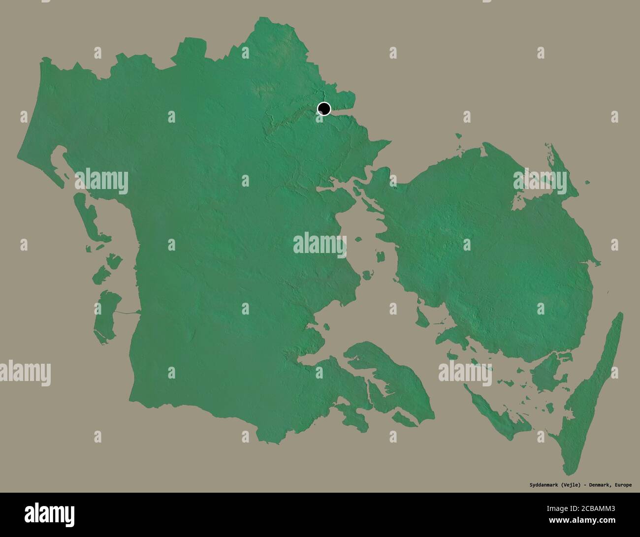 Shape of Syddanmark, region of Denmark, with its capital isolated on a ...