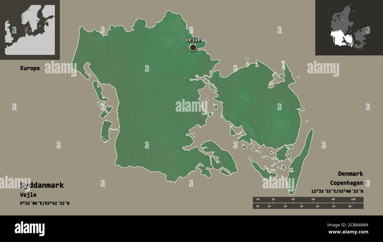 Shape of Syddanmark, region of Denmark, and its capital. Distance scale ...