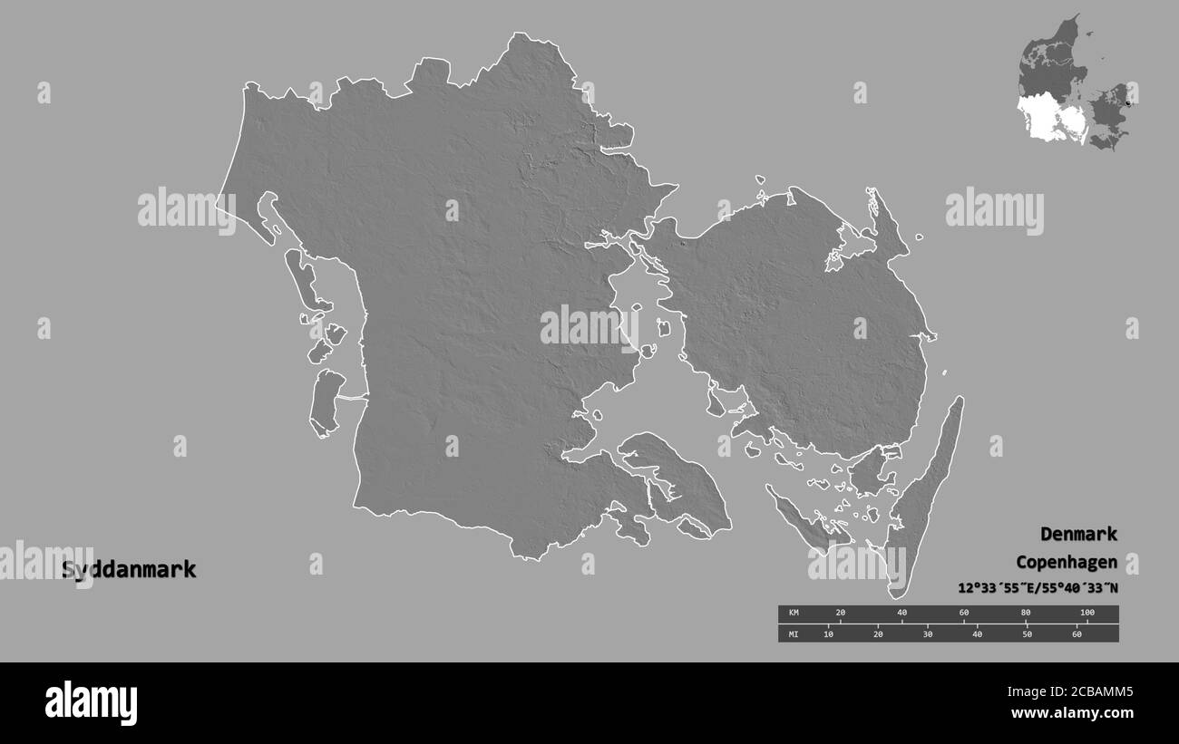 Shape of Syddanmark, region of Denmark, with its capital isolated on ...