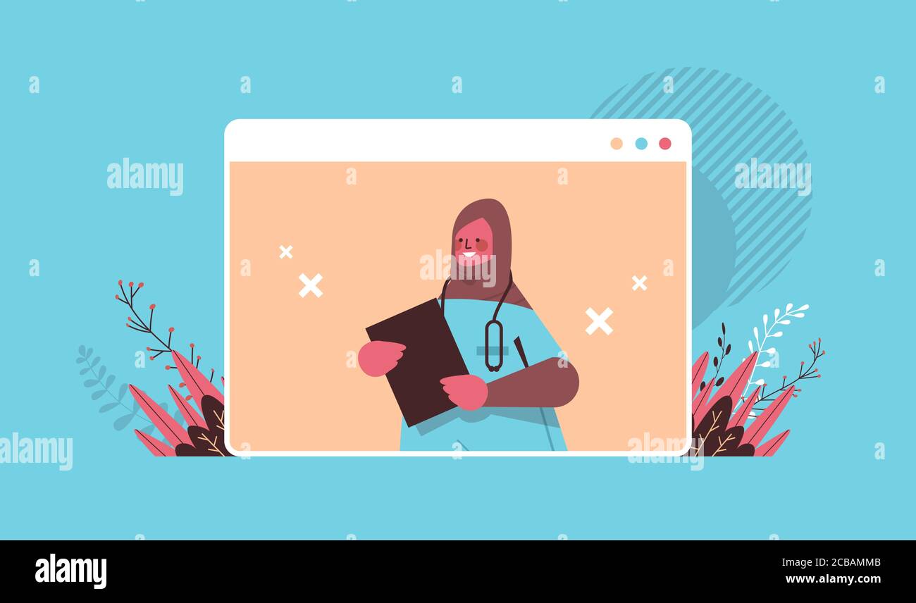 arab female doctor in web browser window consulting patient online ...