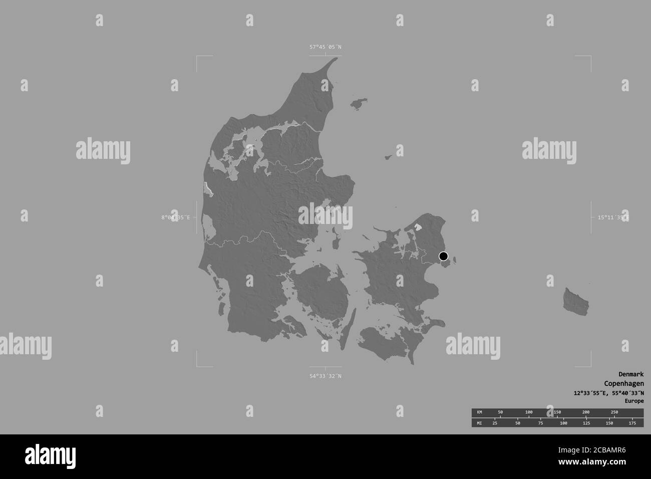 Area of Denmark isolated on a solid background in a georeferenced ...