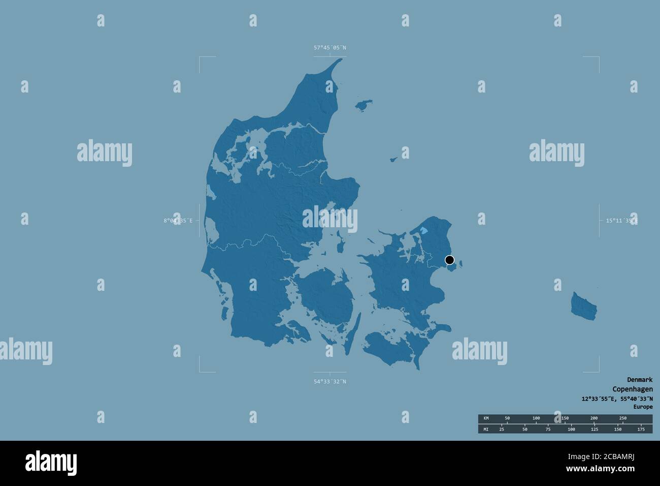 Area of Denmark isolated on a solid background in a georeferenced ...