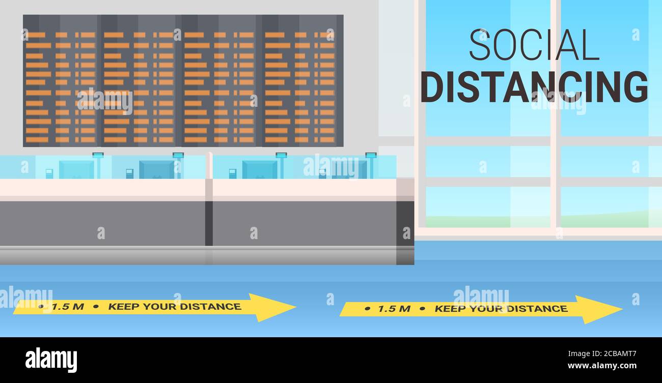 airport terminal with signs for social distancing coronavirus epidemic ...