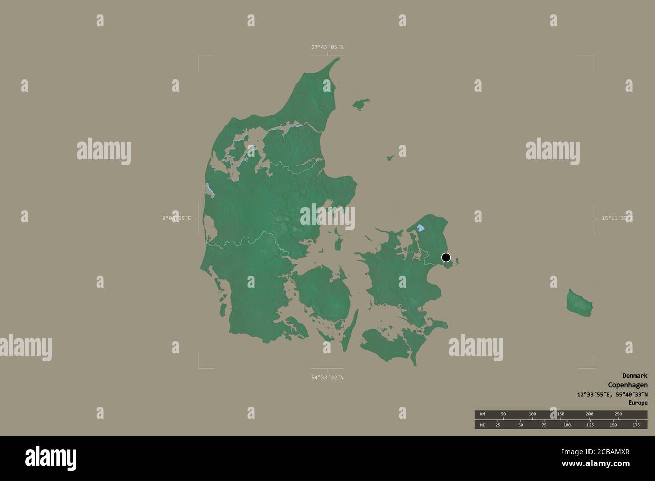 Area of Denmark isolated on a solid background in a georeferenced ...