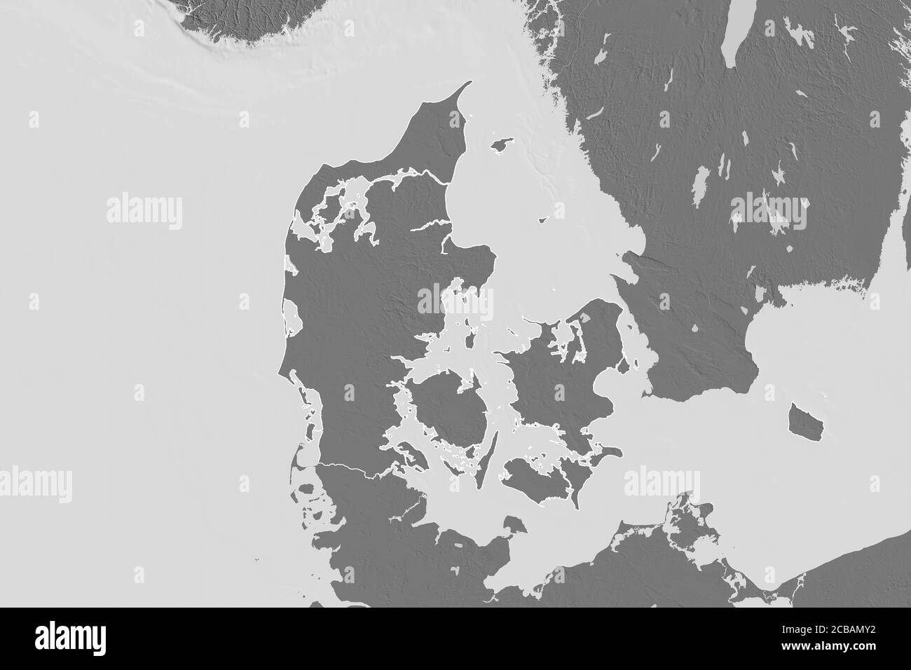 Extended area of outlined Denmark. Bilevel elevation map. 3D rendering Stock Photo - Alamy