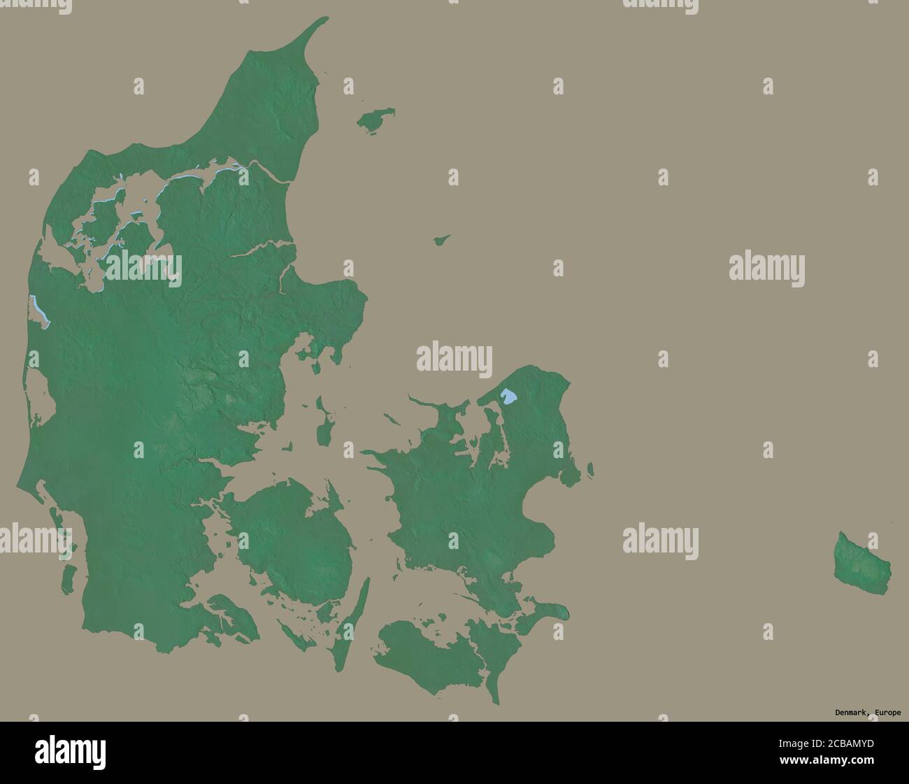 Shape of Denmark with its capital isolated on a solid color background ...