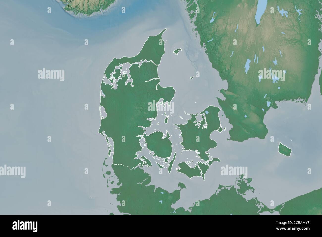 Extended area of outlined Denmark. Topographic relief map. 3D rendering ...
