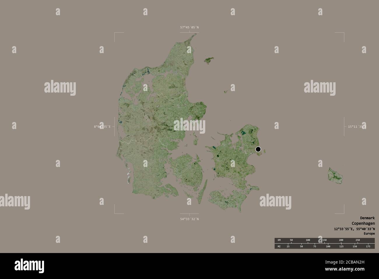 Area of Denmark isolated on a solid background in a georeferenced ...